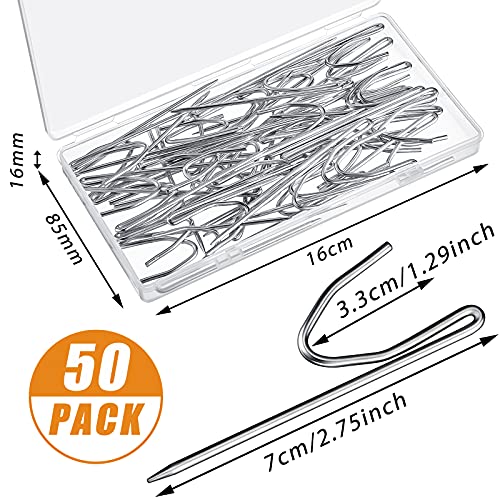Metal Curtain Hooks Long Drapery Hook Pins 7cm by 1.8cm Stainless Steel Pin on Hooks with Clear Box for Window Curtain, Door Curtain and Shower Curtain, Silver (50 Pieces)