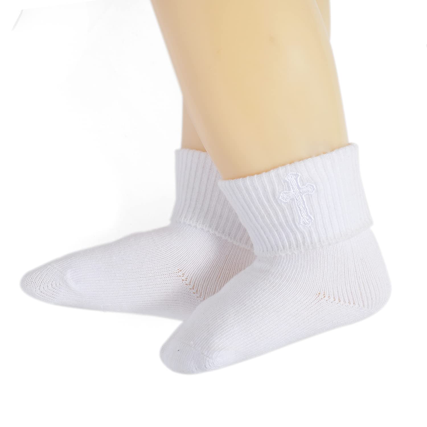 EPEIUS Baby Christening Socks Infants Baby Girls/Boys Turn cuff Baptism Socks with Cross Embroidery,White,3-12 Months
