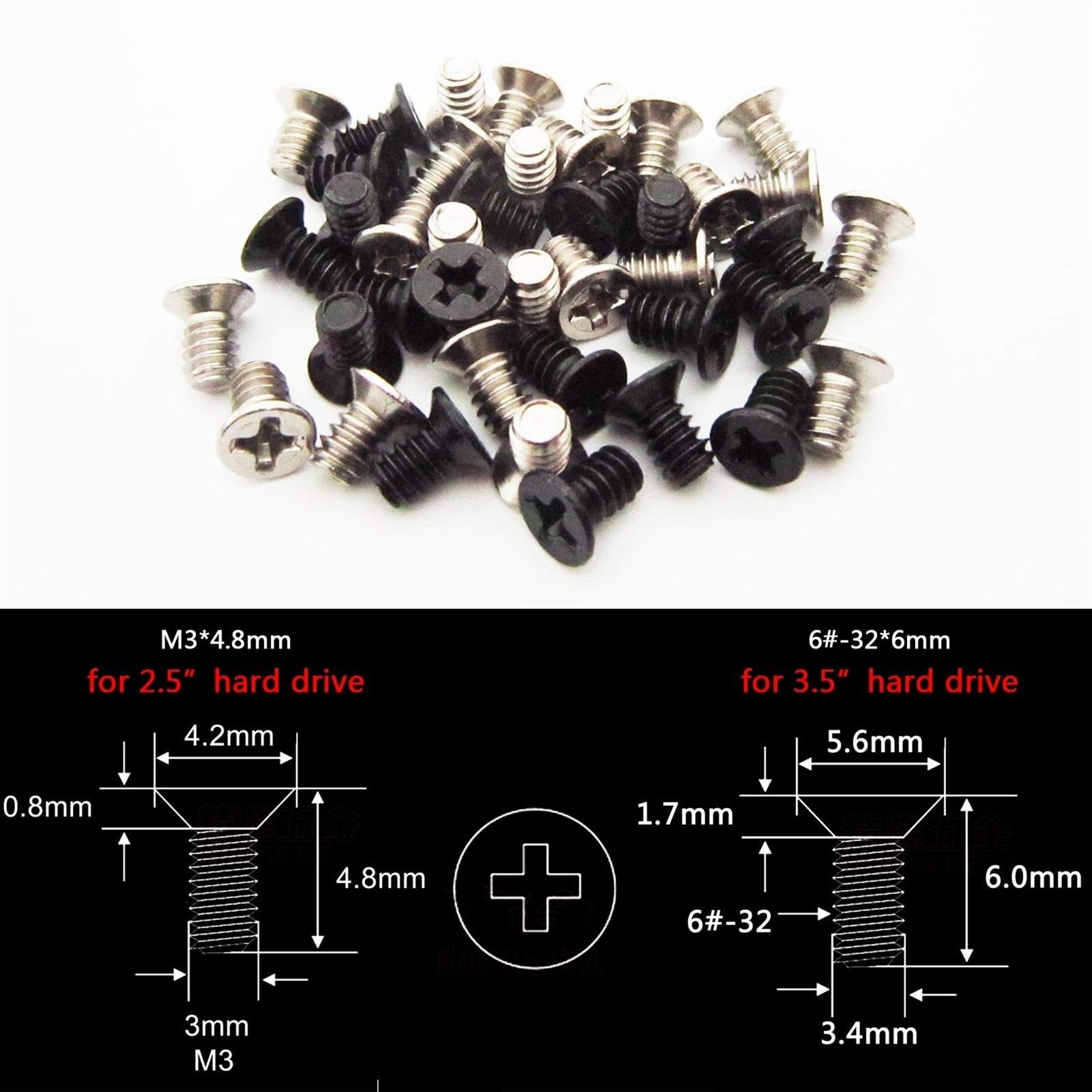 TONGCHAO Tchaosc 25pcs Screw Bolt Computer PC Case 2.5" 3.5" inch Hard Drive HDD Caddy Hot Swap Server Tray Mount Screw Flat Countersunk Bolt (Color : Black 6 32x6mm)