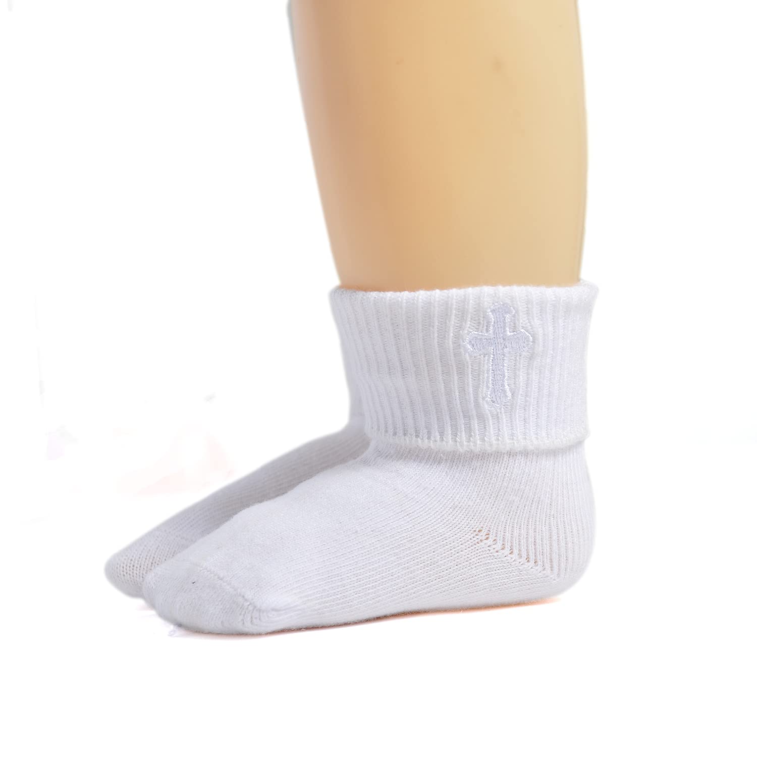 EPEIUS Baby Christening Socks Infants Baby Girls/Boys Turn cuff Baptism Socks with Cross Embroidery,White,3-12 Months