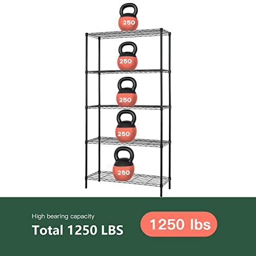 14" D×36" W×72" H Wire Shelving Unit Commercial Metal Shelf with 5 Tier Adjustable Layer Rack Strong Steel for Restaurant , Pantry, Kitchen Garage,Black
