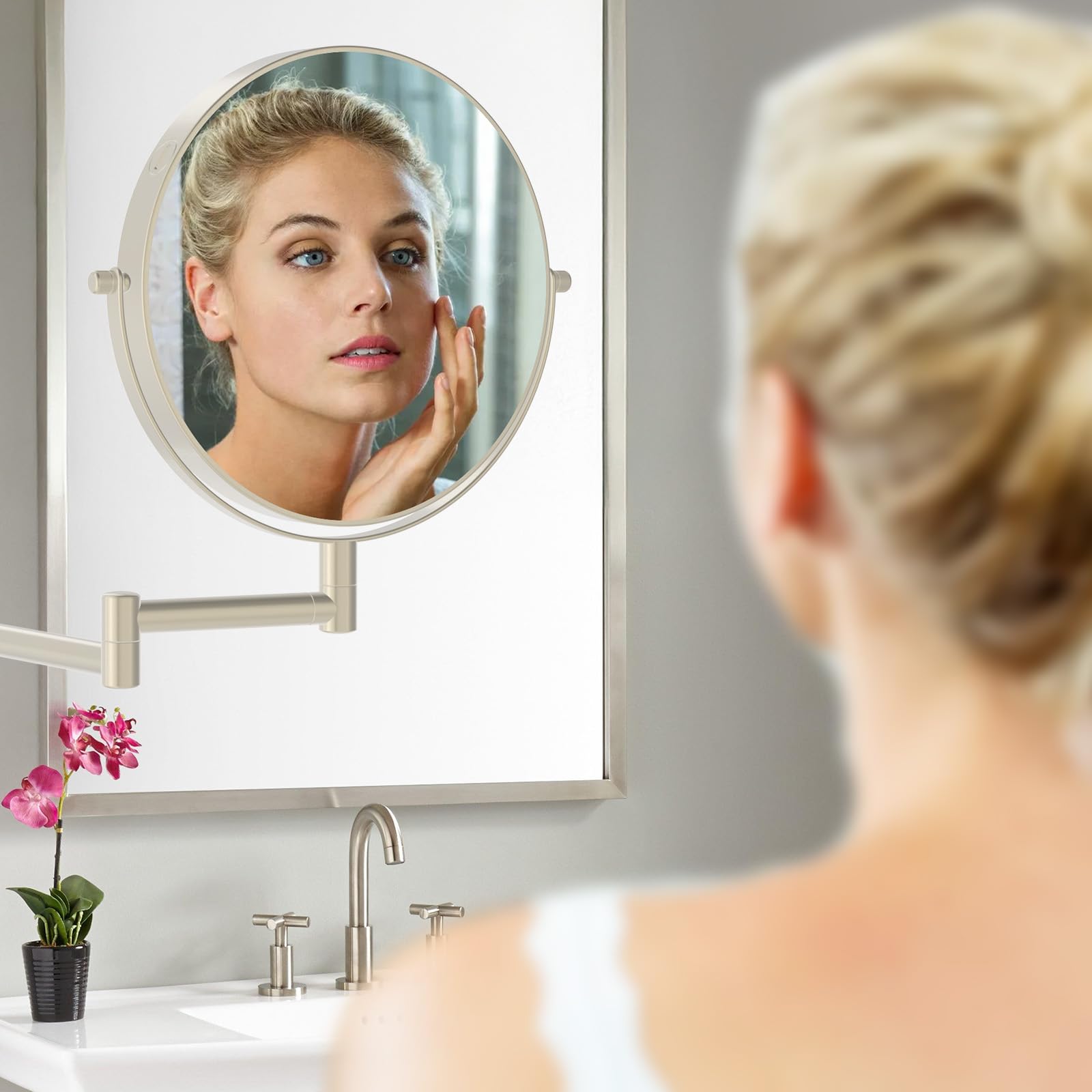 Wall Mounted Makeup Mirror - 8 inch Double Sided Retractable 360° Rotating Magnifying Mirror Wall Mounted Bathroom Swing Mirror Decorative Brushed Nickel