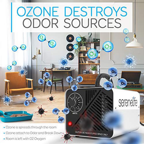 SereneLife 10,000mg/h Compact Ozone Generator - Commercial Ozone Generator Portable Industrial Ozone Deodorizer Sterilizer Odor Eliminator Machine, Up to 2000 Sq Ft Coverage - SLOZOGEN100