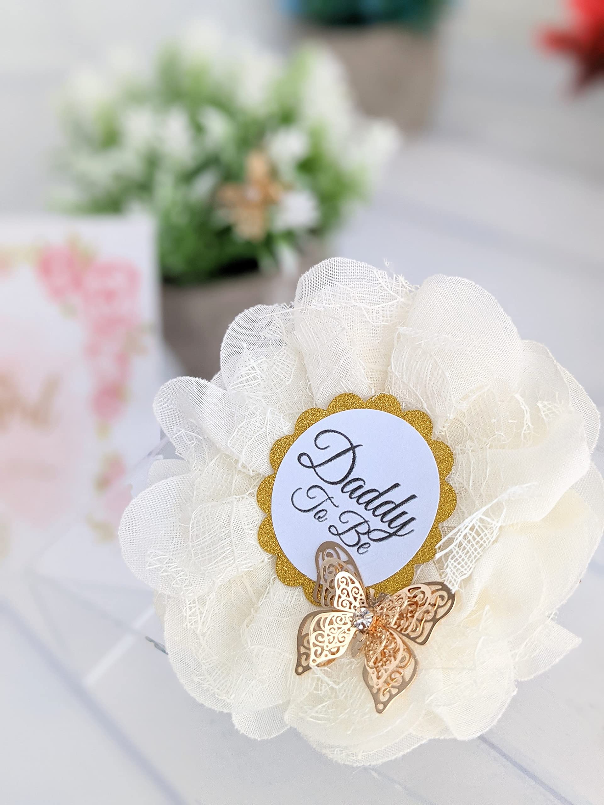 Daddy To Be Button | Dad To Be Pin| Gold Butterfly Baby Shower Ribbon | 3.5" Across | Ivory Lace Flower Corsage | Father To Be Keepsake Gift | Baby Sprinkle Pin