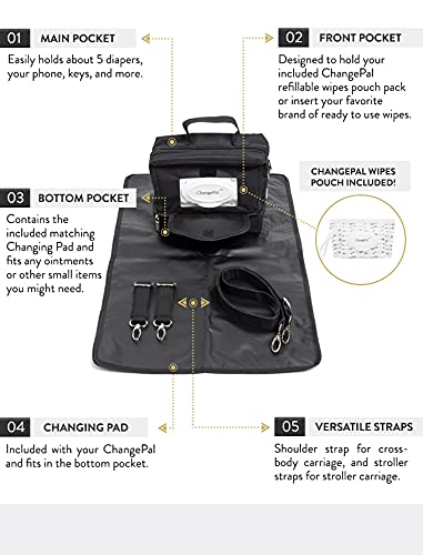 Small Crossbody Diaper Changing Bag with Portable Baby Changing Pad, Front Wipes Pocket Opening, Shoulder & Stroller Straps Included (Black Nylon)