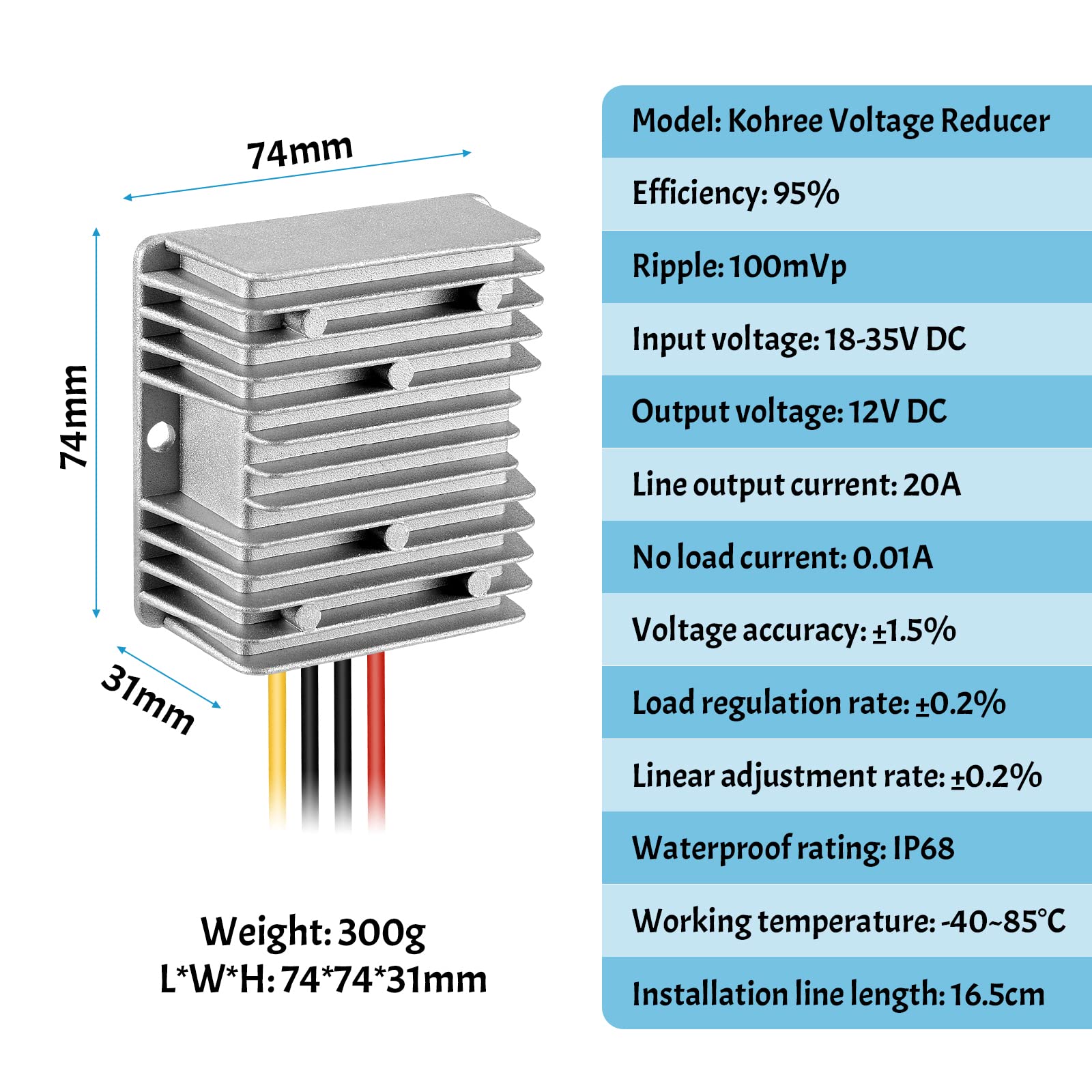 Kohree 24V to 12V Step Down Converter Regulator Reducer 20A 240W Golf Cart DC/DC Converter Regulator Reducer Waterproof for Club Car Truck Vehicle Boat Solar System Scooters Bicycles