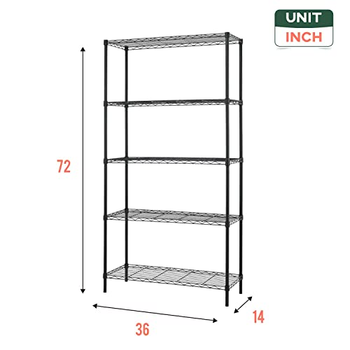 14" D×36" W×72" H Wire Shelving Unit Commercial Metal Shelf with 5 Tier Adjustable Layer Rack Strong Steel for Restaurant , Pantry, Kitchen Garage,Black