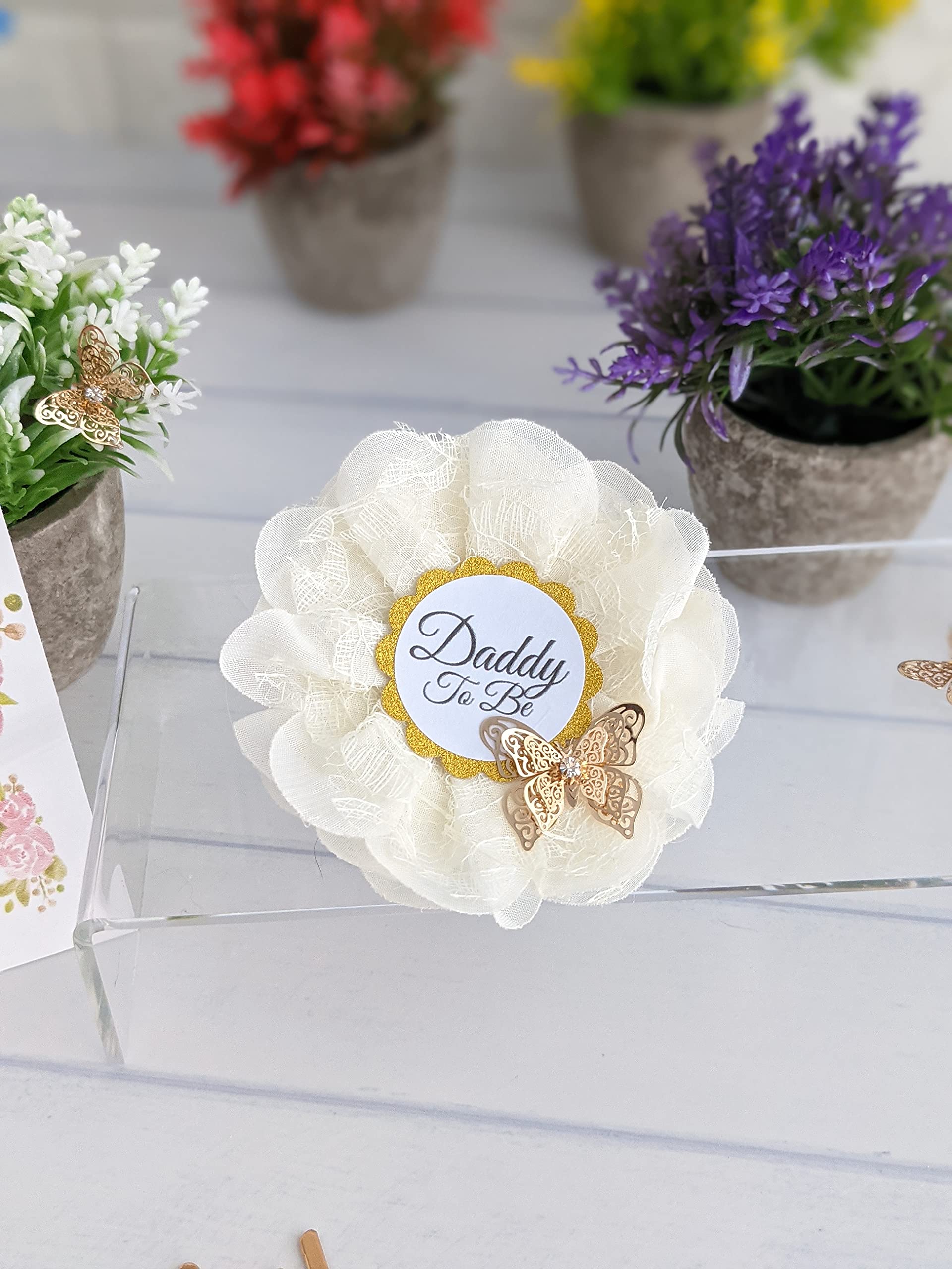 Daddy To Be Button | Dad To Be Pin| Gold Butterfly Baby Shower Ribbon | 3.5" Across | Ivory Lace Flower Corsage | Father To Be Keepsake Gift | Baby Sprinkle Pin