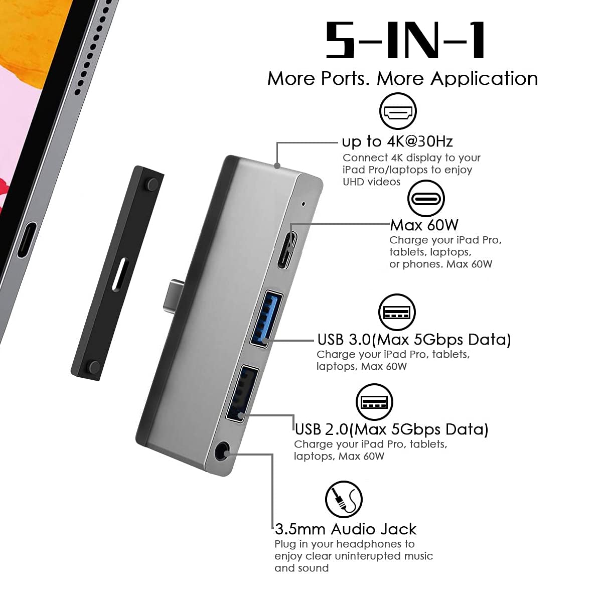 USB C Hub for iPad Pro, PowerExpand Direct 6-in-1 USB C Adapter, with 60W Power Delivery, 4K@60Hz HDMI Port, 3.5mm Headphone Jack, USB 3.0 Port, SD and microSD Card Reader (5 in 1)