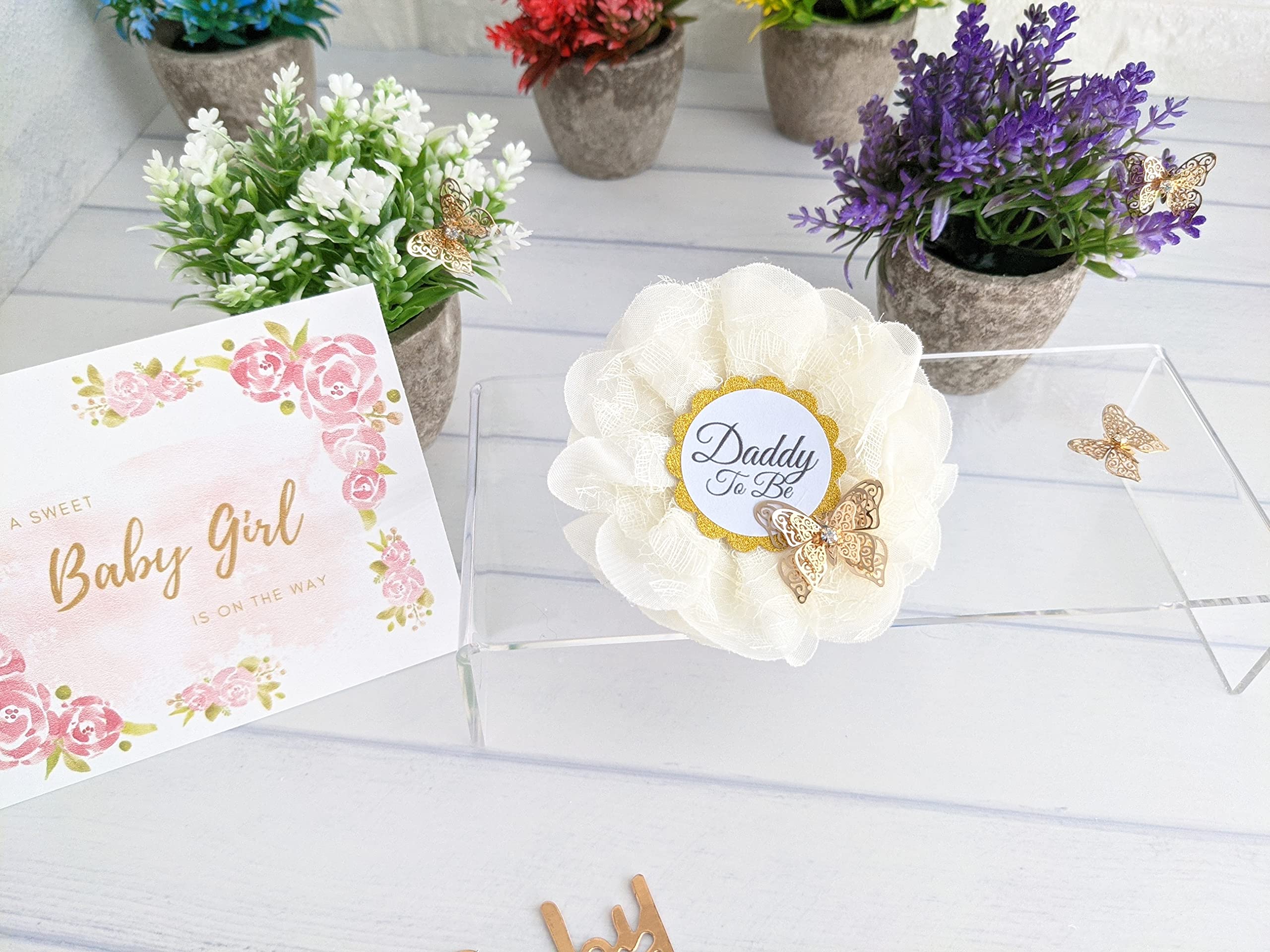 Daddy To Be Button | Dad To Be Pin| Gold Butterfly Baby Shower Ribbon | 3.5" Across | Ivory Lace Flower Corsage | Father To Be Keepsake Gift | Baby Sprinkle Pin