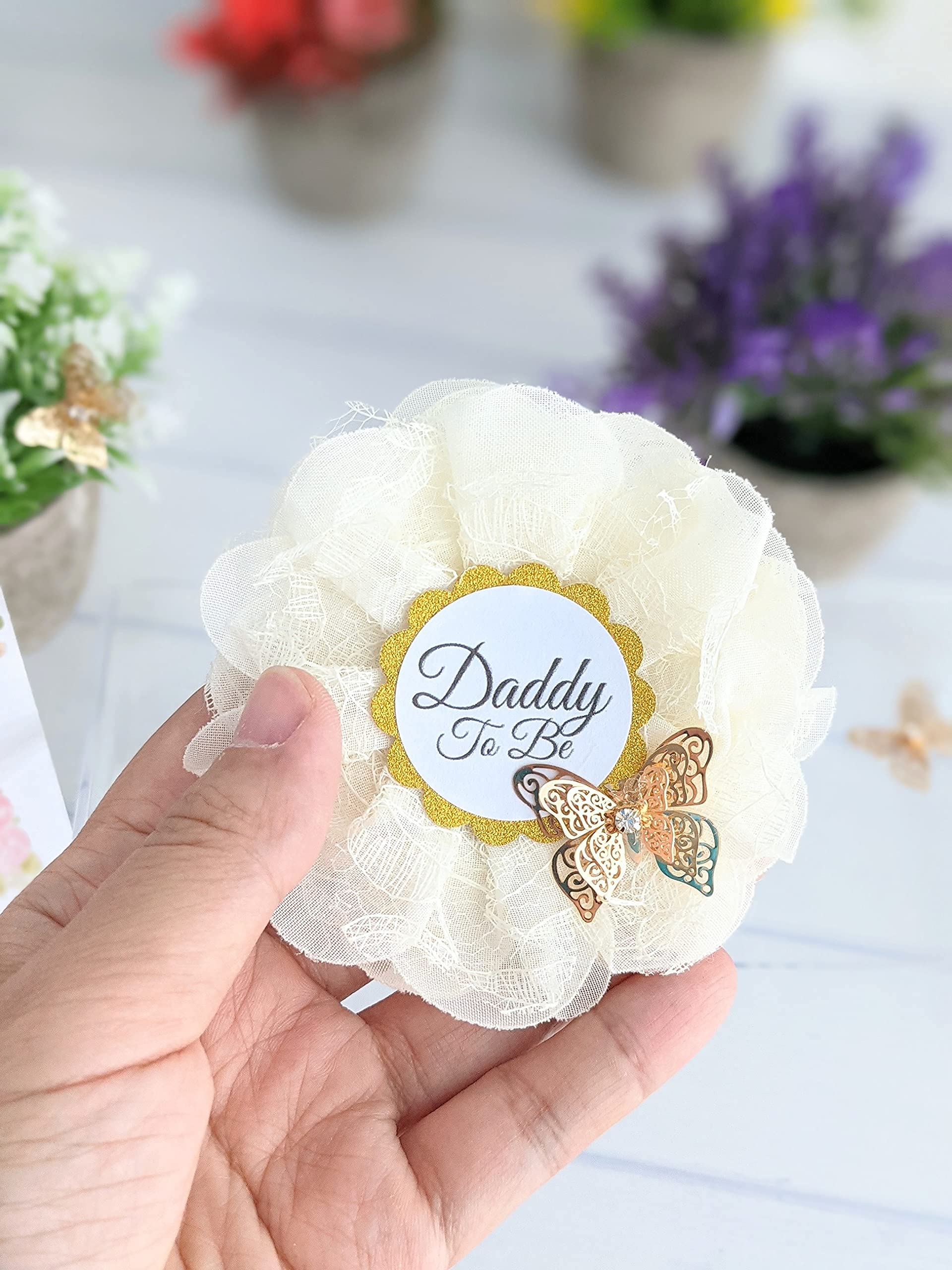 Daddy To Be Button | Dad To Be Pin| Gold Butterfly Baby Shower Ribbon | 3.5" Across | Ivory Lace Flower Corsage | Father To Be Keepsake Gift | Baby Sprinkle Pin
