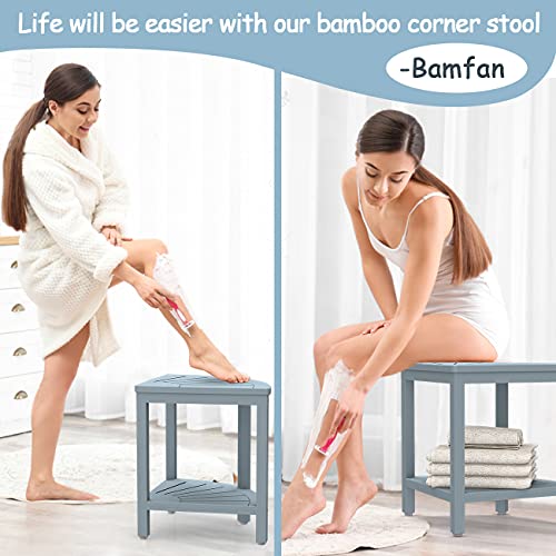 Bamfan Bamboo Corner Shower Bench Waterproof Stool with Space-Efficient Storage Shelf - Shower Stool Seat for Indoor or Outdoor Use(Bluish Grey)