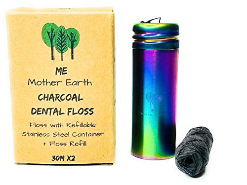 Vegan Biodegradable Bamboo Charcoal Dental Floss with Refillable Stainless Steel Rainbow Container | Extra Floss Refill | Natural Candelilla Wax | 33yds x2 | Peppermint | Eco Zero Waste Oral Care