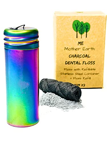 Vegan Biodegradable Bamboo Charcoal Dental Floss with Refillable Stainless Steel Rainbow Container | Extra Floss Refill | Natural Candelilla Wax | 33yds x2 | Peppermint | Eco Zero Waste Oral Care