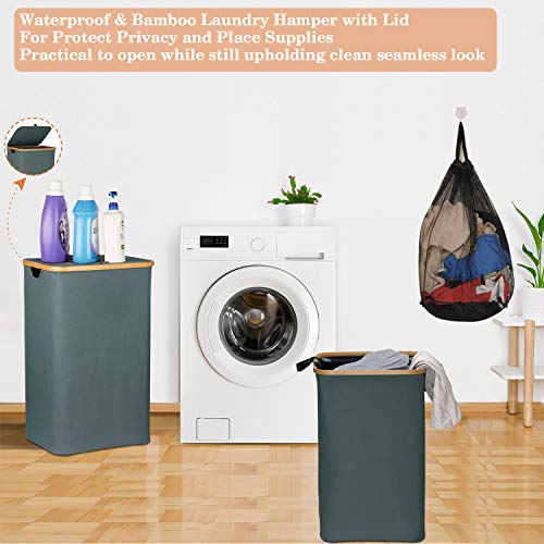 BEENLE 82L Bamboo Large Laundry Hamper with Lip and Detachable Laundry Bags, Dirty Clothes Basket with Lid & Handles, Collapsible Laundry Baskets Bedroom Washing Bin for Clothing Organization Toys