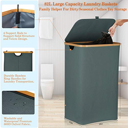 BEENLE 82L Bamboo Large Laundry Hamper with Lip and Detachable Laundry Bags, Dirty Clothes Basket with Lid & Handles, Collapsible Laundry Baskets Bedroom Washing Bin for Clothing Organization Toys