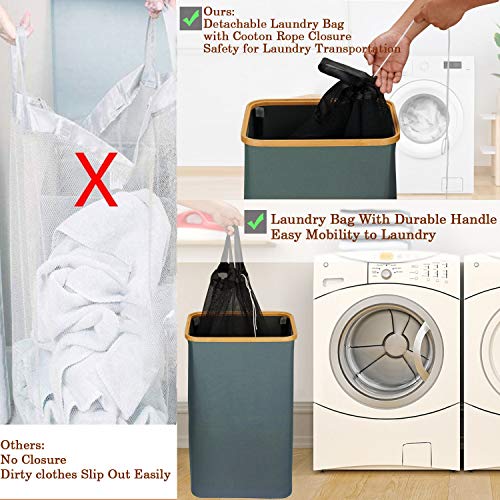 BEENLE 82L Bamboo Large Laundry Hamper with Lip and Detachable Laundry Bags, Dirty Clothes Basket with Lid & Handles, Collapsible Laundry Baskets Bedroom Washing Bin for Clothing Organization Toys