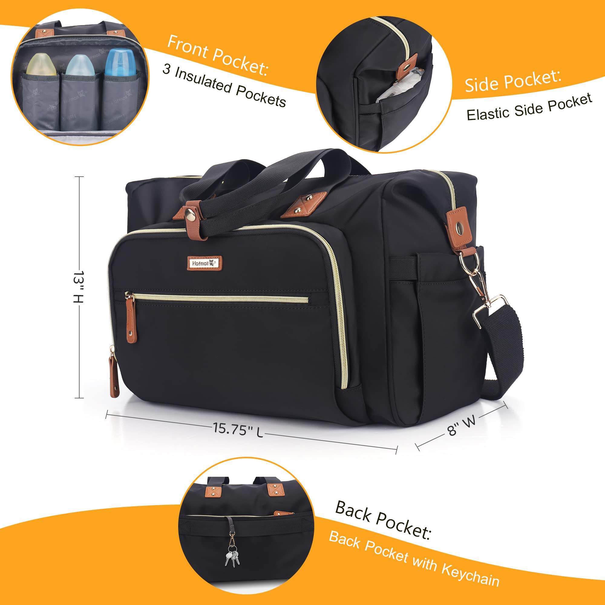 Hafmall Diaper Bag Tote with Changing Pad, Multifunctional Stylish Mommy Bag, Large Diaper Messenger Bag for Mom and Dad, Black