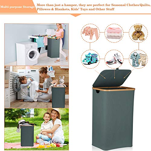 BEENLE 82L Bamboo Large Laundry Hamper with Lip and Detachable Laundry Bags, Dirty Clothes Basket with Lid & Handles, Collapsible Laundry Baskets Bedroom Washing Bin for Clothing Organization Toys