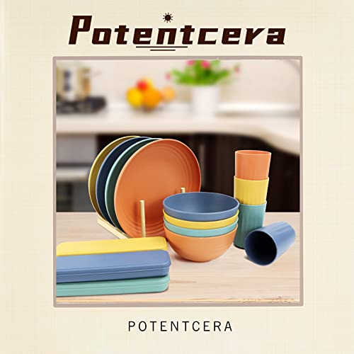 Wheat Straw Dinnerware Sets (28Pcs) POTENTCERA Microwave Dishwasher Safe Unbreakable Dinnerware, Kids Toddler Camping Plates Cups and Bowls Set Picnic Dishes Dorm Dishware Reusable Lightweight
