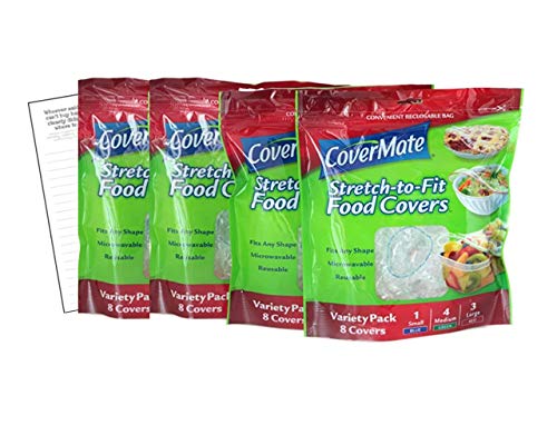 Covermate Stretch-to-fit Food Covers 4pk plus Convenient Magnetic Shopping List by Harper & Ivy Designs, Reusable, Dishwasher Safe, Microwavable, BPA/PVC Free, Great for Leftovers, Heavy Duty, 3 Sizes
