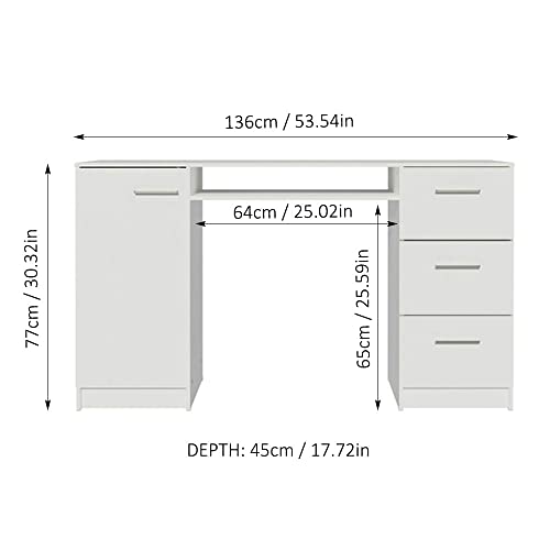 Madesa Computer Desk with 3 Drawers, 1 Door and 1 Storage Shelf, Wood Writing Home Office Workstation, 30β H x 18β D x 53β W - White
