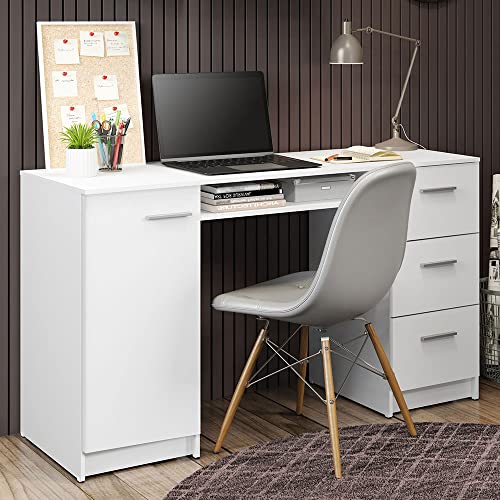 Madesa Computer Desk with 3 Drawers, 1 Door and 1 Storage Shelf, Wood Writing Home Office Workstation, 30β H x 18β D x 53β W - White