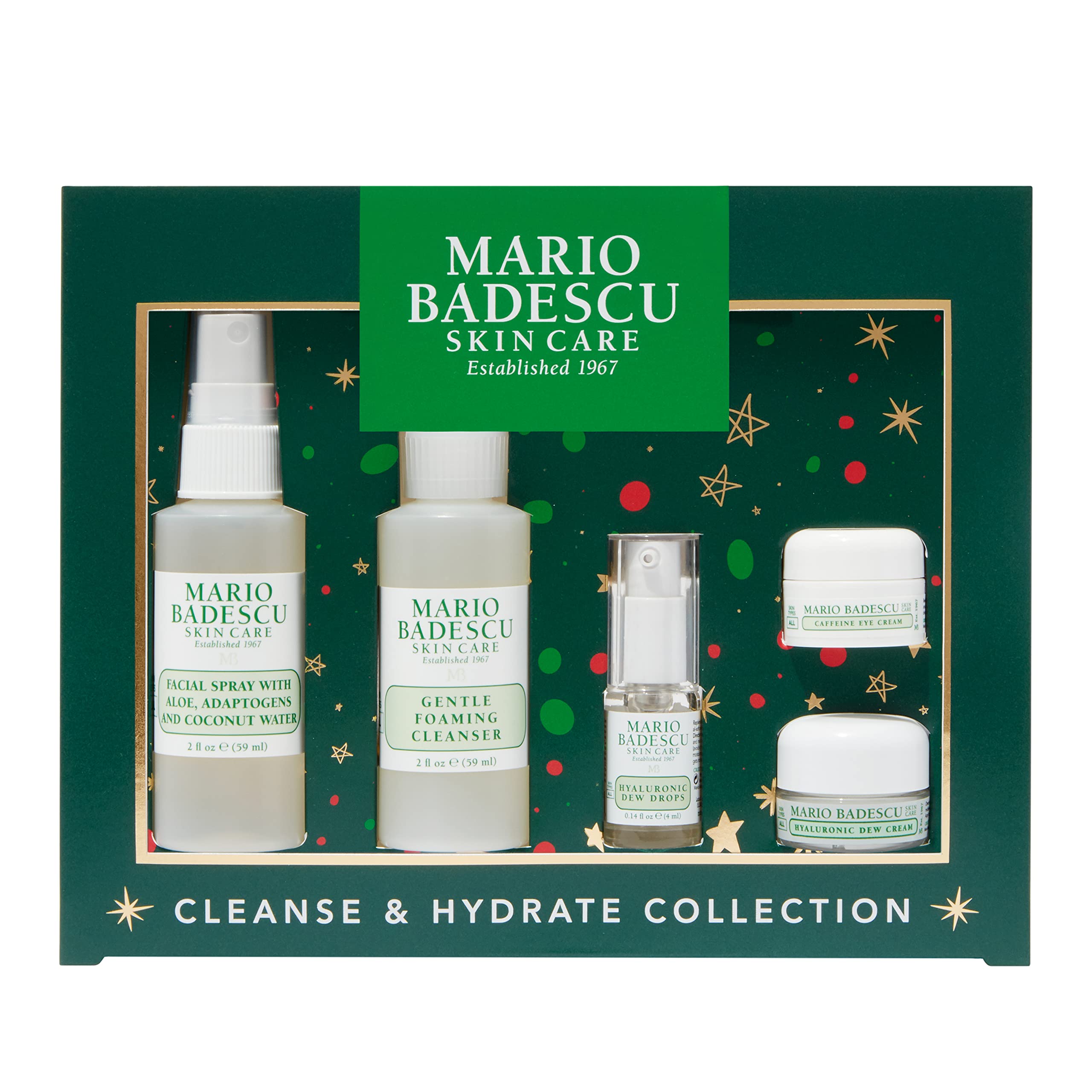 Mario Badescu Cleanse & Hydrate 5 Piece Kit, Skincare Gift Set With Coconut Facial Spray, Gentle Foaming Cleanser, Hyaluronic Dew Drops, Hyaluronic Dew Cream & Caffeine Eye Cream