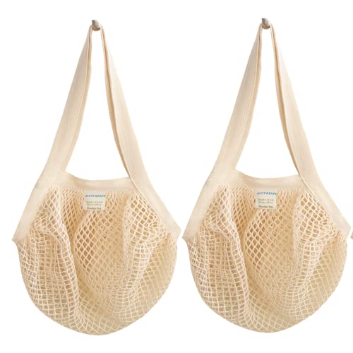 WHITEWRAP Cotton Mesh String Reusable Bag Long Handle Net Tote Bag| 13"x14" | 2-Pack | Natural | Reusable Grocery Bags, Vegetable Bag, Shopping bag, Hand bag