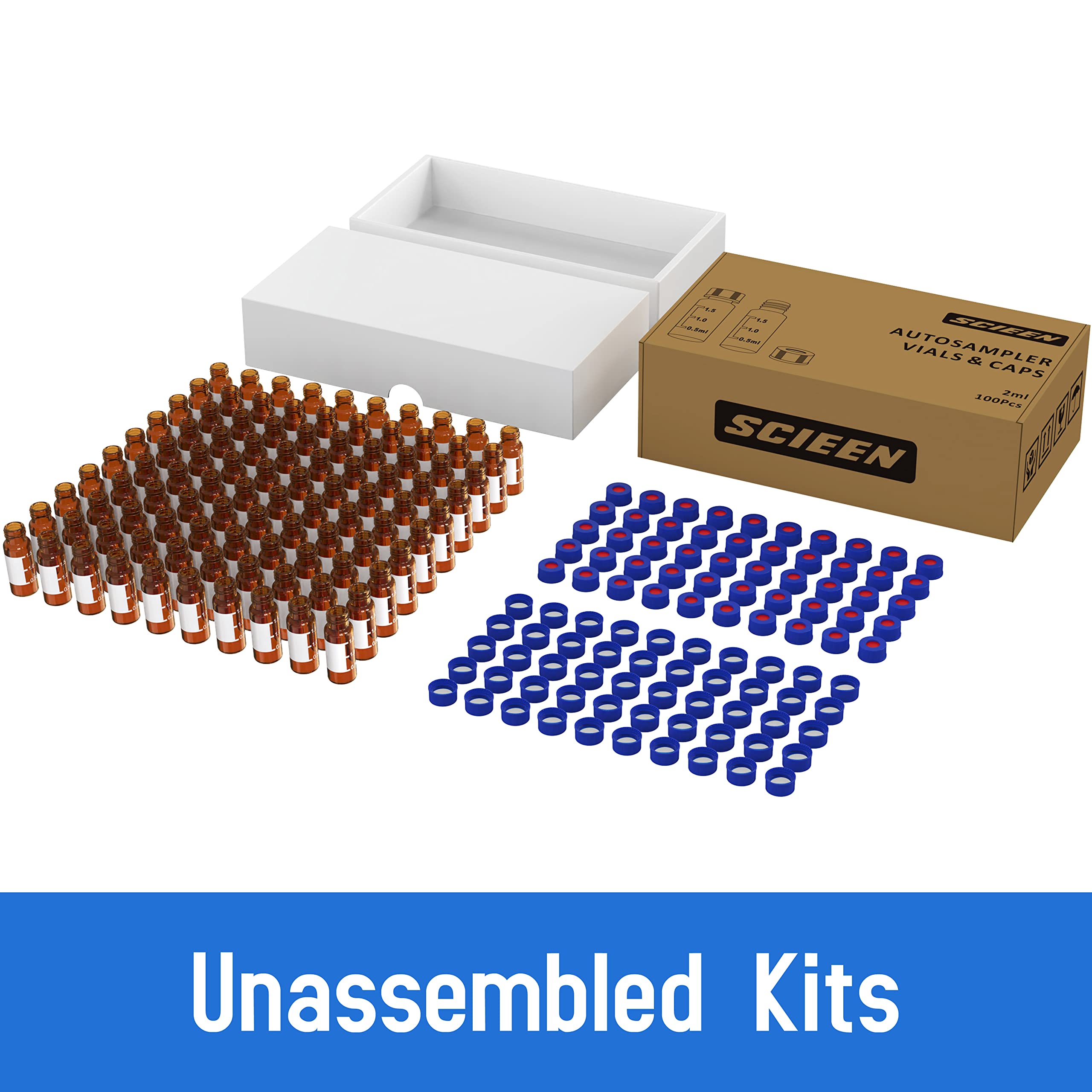 SCIEEN Autosampler Vial, Clear Glass 12 x 32 mm 9-425 Screw Neck Vial with Cap and Red Silicone&White PTFE Septum, 2ml Sample Vial with Writing Patch&Graduation Mark, 100/PK