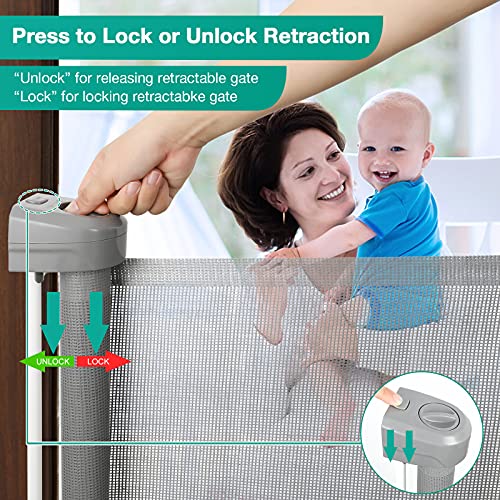 Retractable Baby Gates for Staris - PRObebi Retractable Dog Gate, Indoor Safety Gate Extends to 72" Wide 34" Tall, Extra Wide Baby Gate, Mesh Gate for Doorways, Hallways, Outdoor, Grey