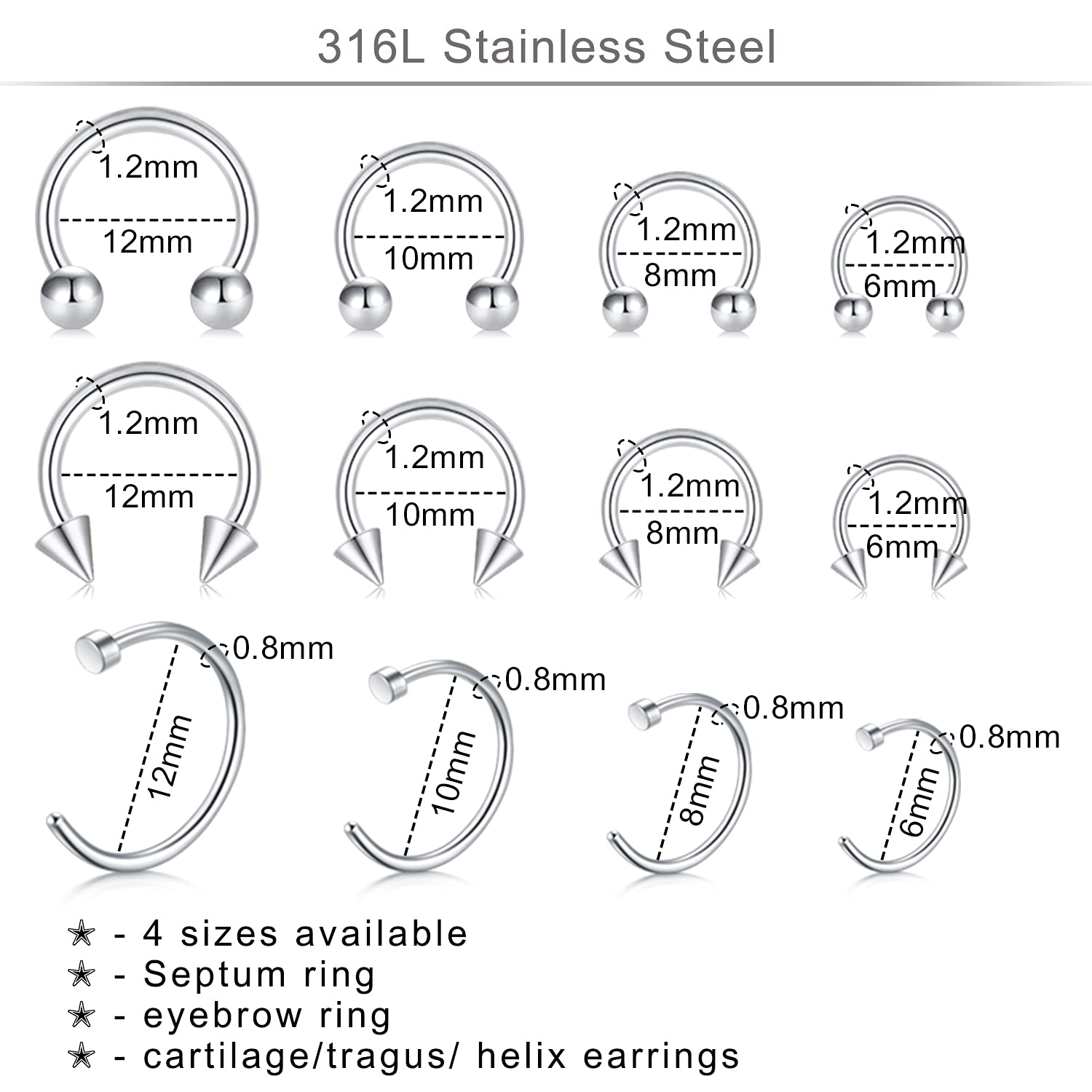JIESIBAO 75PCS Mixed-size Piercing Kits for All Piercings,Stainless Steel Piercing Kit 14G 16G 18G 20G Piecing Needles for Ear Cartilage Tragus Nose Septum Lip Nipple Piercing Tools