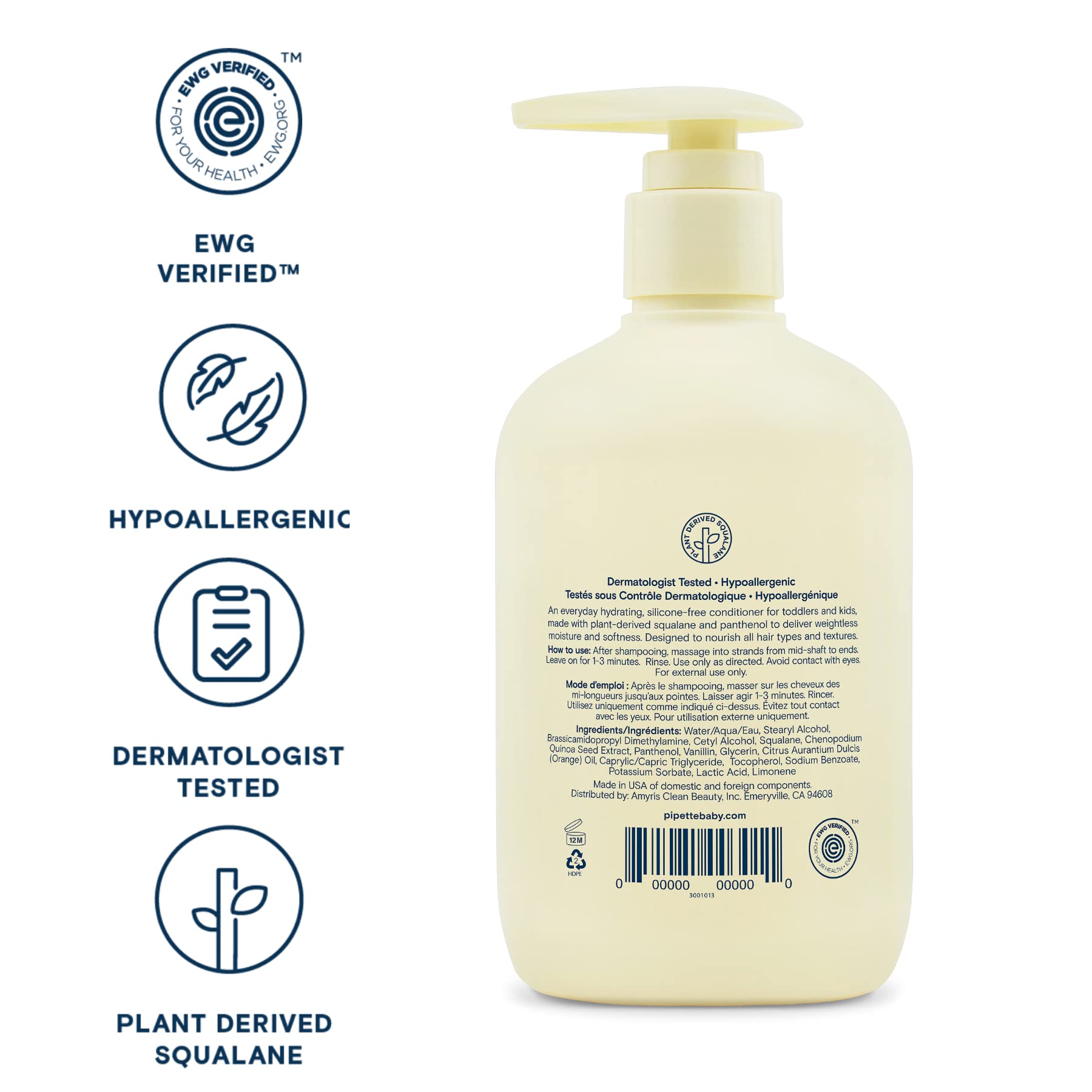 Pipette Daily Nourishing Conditioner -Tear Free Conditioner for Kids, Adds Moisture, 100% Plant-Derived Squalane and Quinoa, Orange + Vanilla Aroma, 11.2 fl oz
