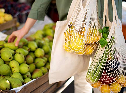 WHITEWRAP Cotton Mesh String Reusable Bag Long Handle Net Tote Bag| 13"x14" | 2-Pack | Natural | Reusable Grocery Bags, Vegetable Bag, Shopping bag, Hand bag