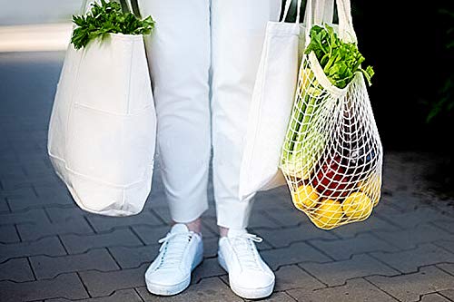 WHITEWRAP Cotton Mesh String Reusable Bag Long Handle Net Tote Bag| 13"x14" | 2-Pack | Natural | Reusable Grocery Bags, Vegetable Bag, Shopping bag, Hand bag