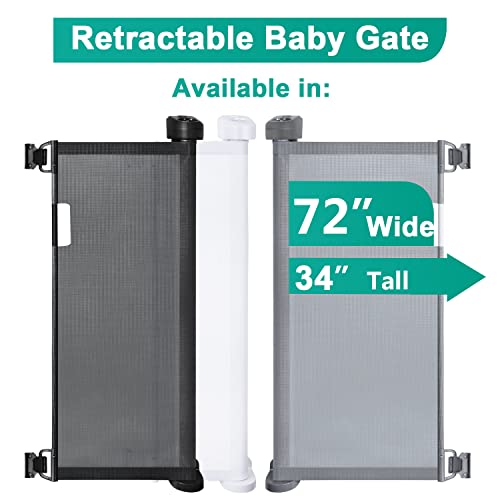 Retractable Baby Gates for Staris - PRObebi Retractable Dog Gate, Indoor Safety Gate Extends to 72" Wide 34" Tall, Extra Wide Baby Gate, Mesh Gate for Doorways, Hallways, Outdoor, Grey