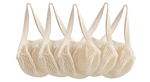 WHITEWRAP Cotton Mesh String Reusable Bag Long Handle Net Tote Bag| 13"x14" | 2-Pack | Natural | Reusable Grocery Bags, Vegetable Bag, Shopping bag, Hand bag