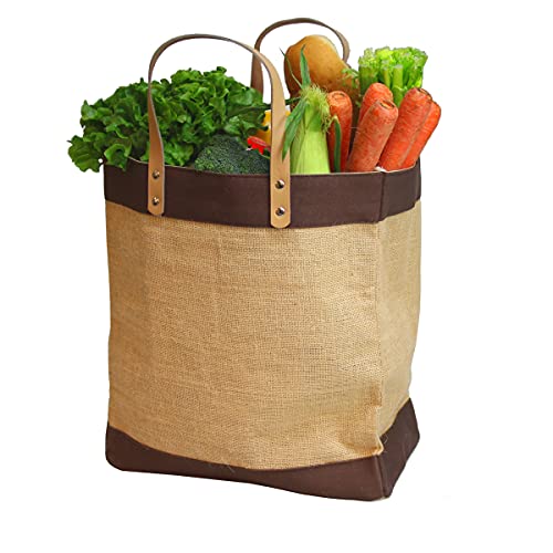 Preferred Nation Kona Jute Tote (Set of 2), Burlap with Leather Handles, Extra Wide for Grocery, Shopping, Beach, Outting Tote, Eco Friendly Brown