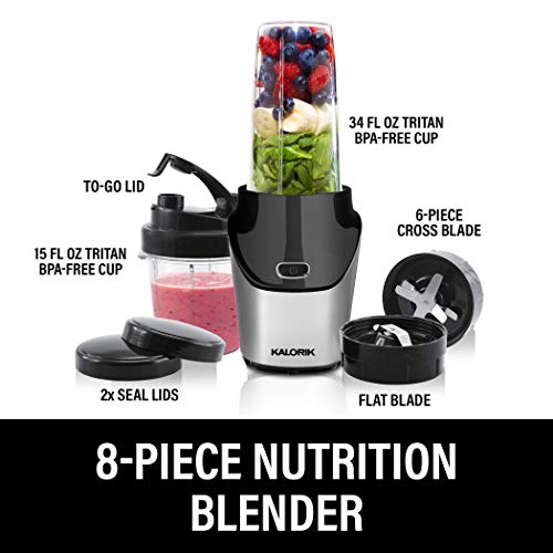 Kalorik NBL 45545 Bullet Blender Set (34 oz | 15.2 oz) High-Speed Portable Fitness Blender Set with Personal Blending Cup, Grinding Cup, Seal Lids, & To-Go Lid | 1000W | Black & Stainless Steel