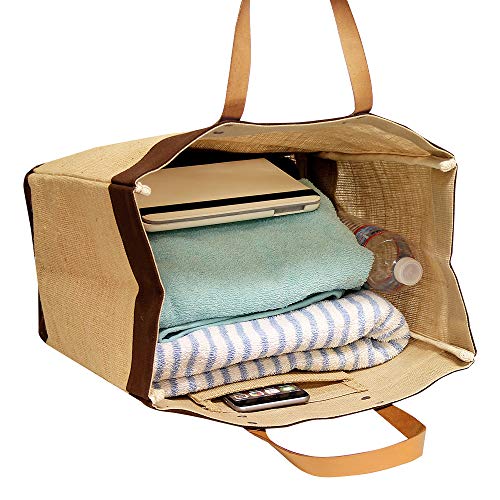 Preferred Nation Kona Jute Tote (Set of 2), Burlap with Leather Handles, Extra Wide for Grocery, Shopping, Beach, Outting Tote, Eco Friendly Brown