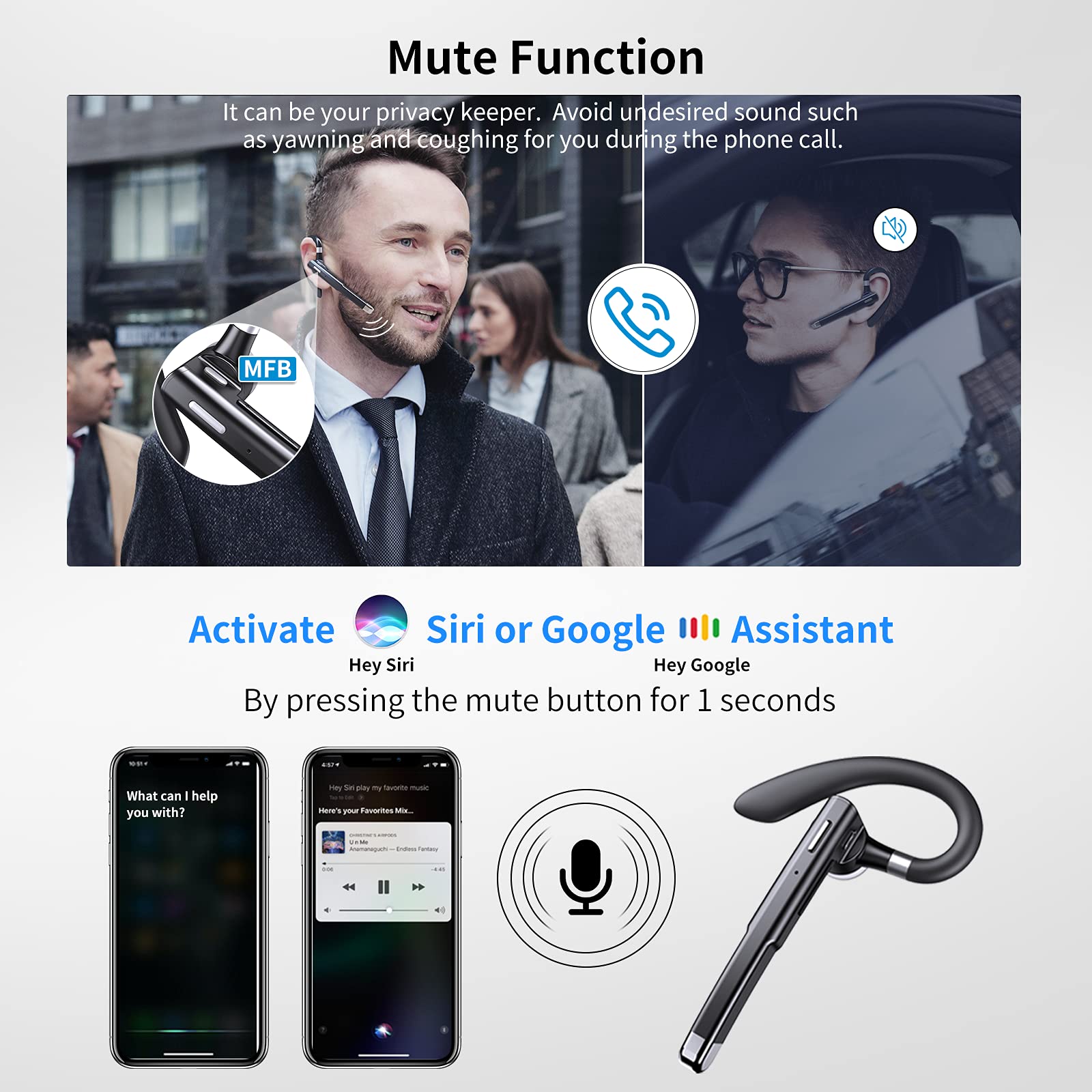 Kinganda Bluetooth Headset for Cell Phone, V5.1 Bluetooth Wireless Earpiece Headset with CVC 8.0 Noise Canceling Microphone for Driving/Business/Office, Compatible with iPhone and Android (Black)