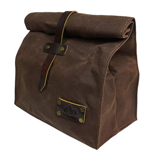 WAYNE'S DOG Waxed Canvas Leather Lunch Bag, Durable, Eco Friendly, Plastic-Free Reusable Food Storage Bag, Unisex Lunchbox For work or school (Coffee)
