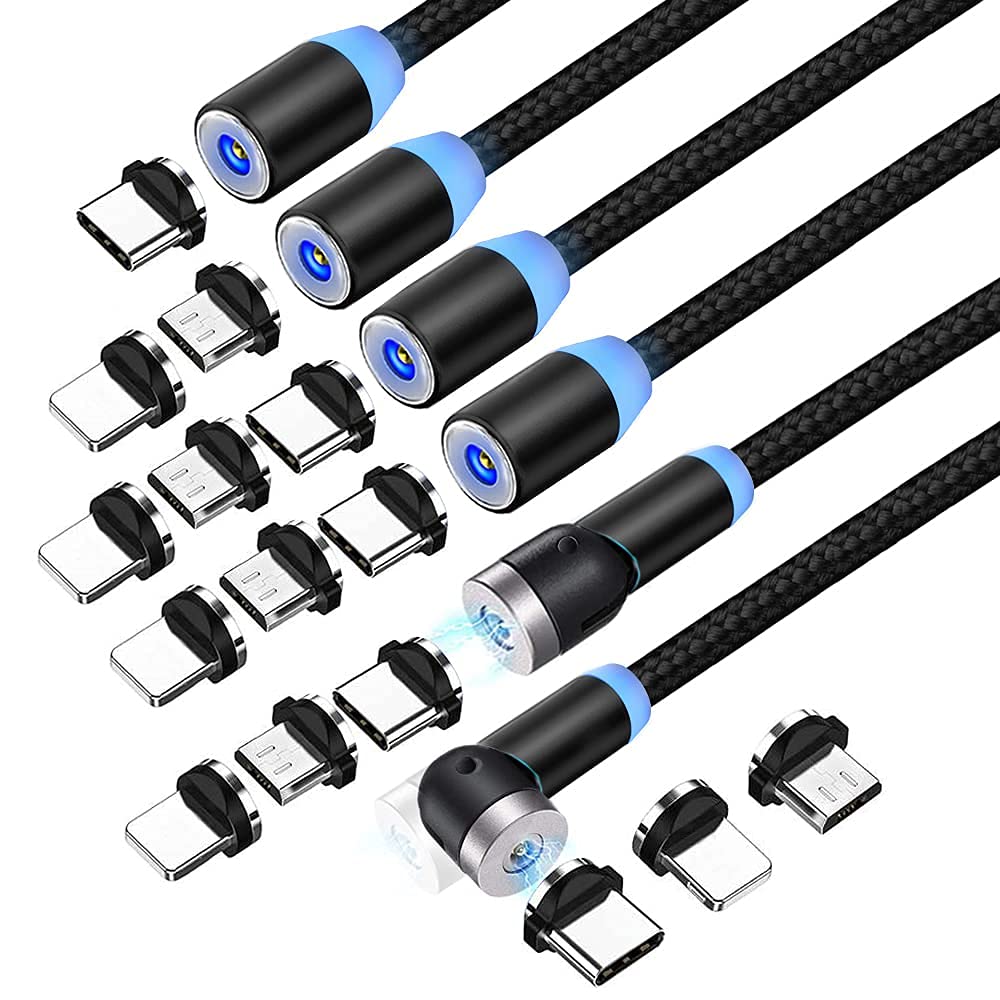ameow Magnetic Charging Cable (6-Pack 1/3/3/6/6/10ft) Magnetic Cell Phone Cable with LED Light, Charging Cable for Type C, Micro USB and iProduct (Black)
