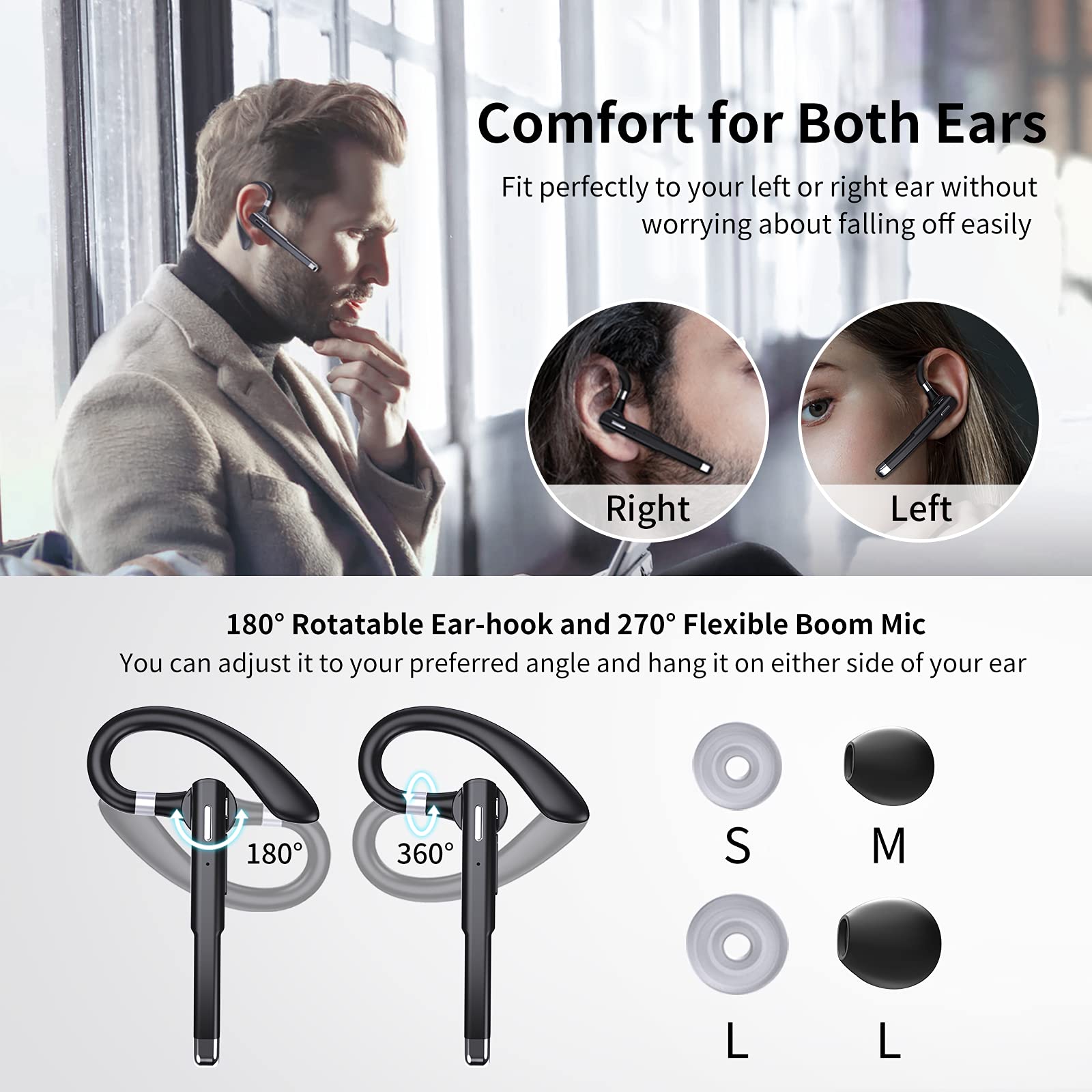 Kinganda Bluetooth Headset for Cell Phone, V5.1 Bluetooth Wireless Earpiece Headset with CVC 8.0 Noise Canceling Microphone for Driving/Business/Office, Compatible with iPhone and Android (Black)