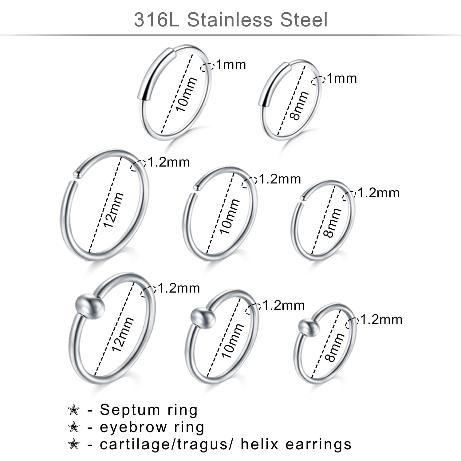 JIESIBAO 75PCS Mixed-size Piercing Kits for All Piercings,Stainless Steel Piercing Kit 14G 16G 18G 20G Piecing Needles for Ear Cartilage Tragus Nose Septum Lip Nipple Piercing Tools