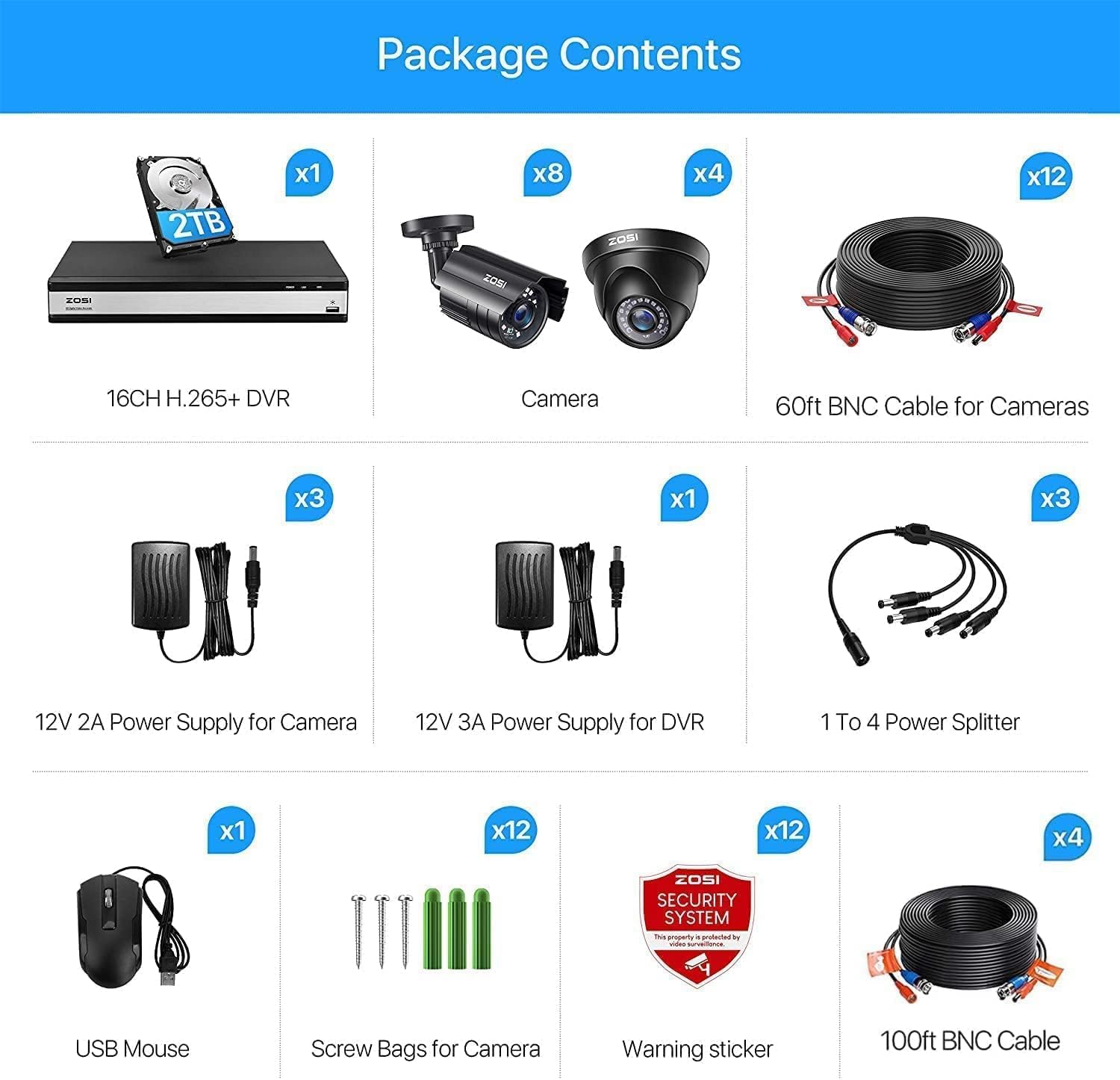 ZOSI 16CH 1080P Security Camera System with 2TB Hard Drive,H.265+ 16Channel 1080P HD-TVI DVR with 12PCS 1080P Outdoor Indoor Surveillance Cameras, and 4 Pack 100ft(30M) All-in-One Video Power Cables