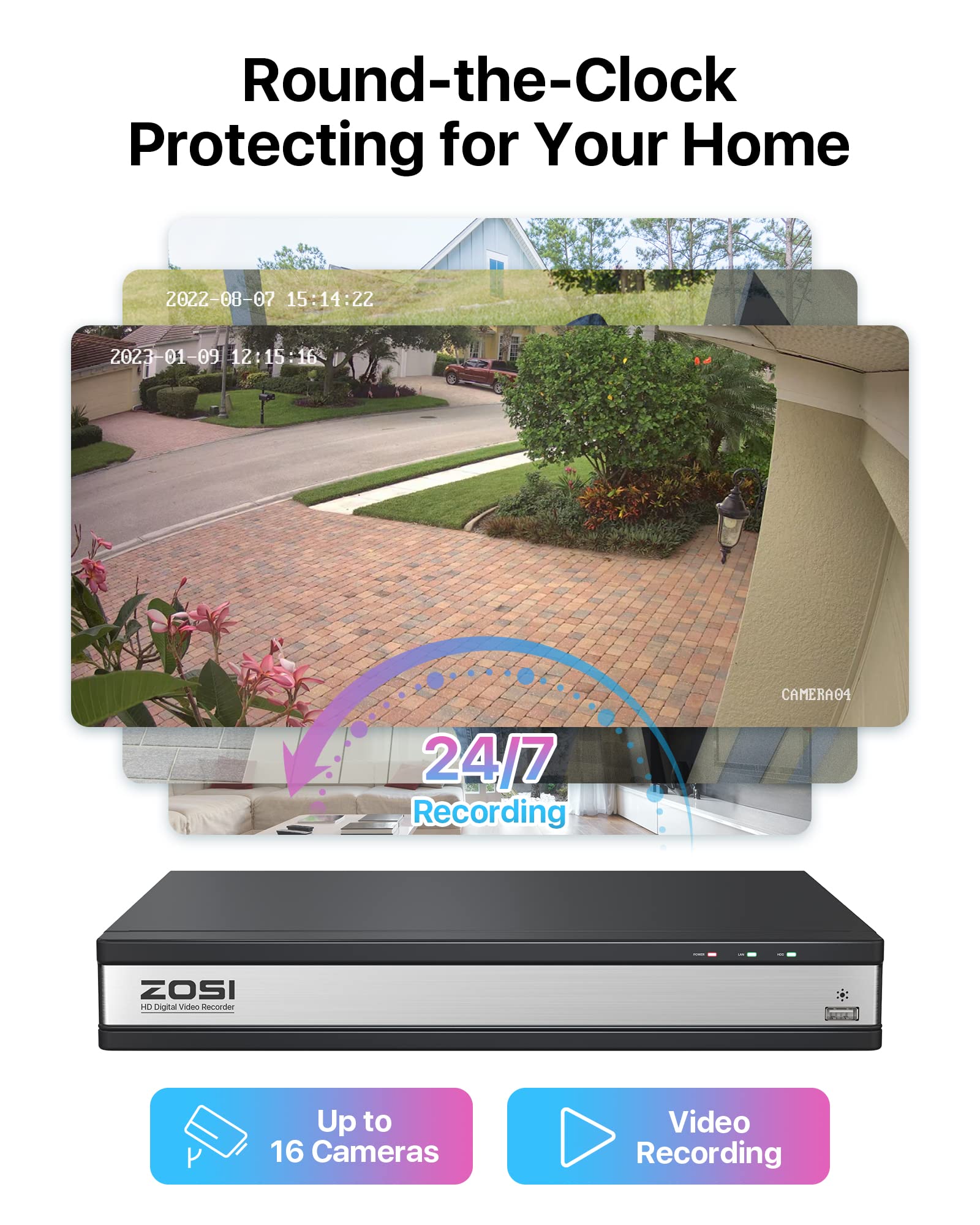 ZOSI 16CH 1080P Security Camera System with 2TB Hard Drive,H.265+ 16Channel 1080P HD-TVI DVR with 12PCS 1080P Outdoor Indoor Surveillance Cameras, and 4 Pack 100ft(30M) All-in-One Video Power Cables
