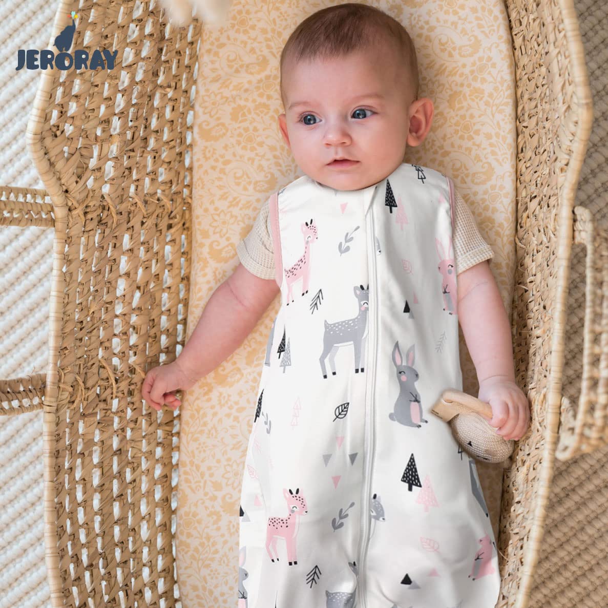 Jeroray Wearable Blanket-Stretchy Sleeping Bag,(0-6 Months) TOG 1.0,2-Pack,2 Way Zipper,Unisex,Deer&Solid Pink,Large