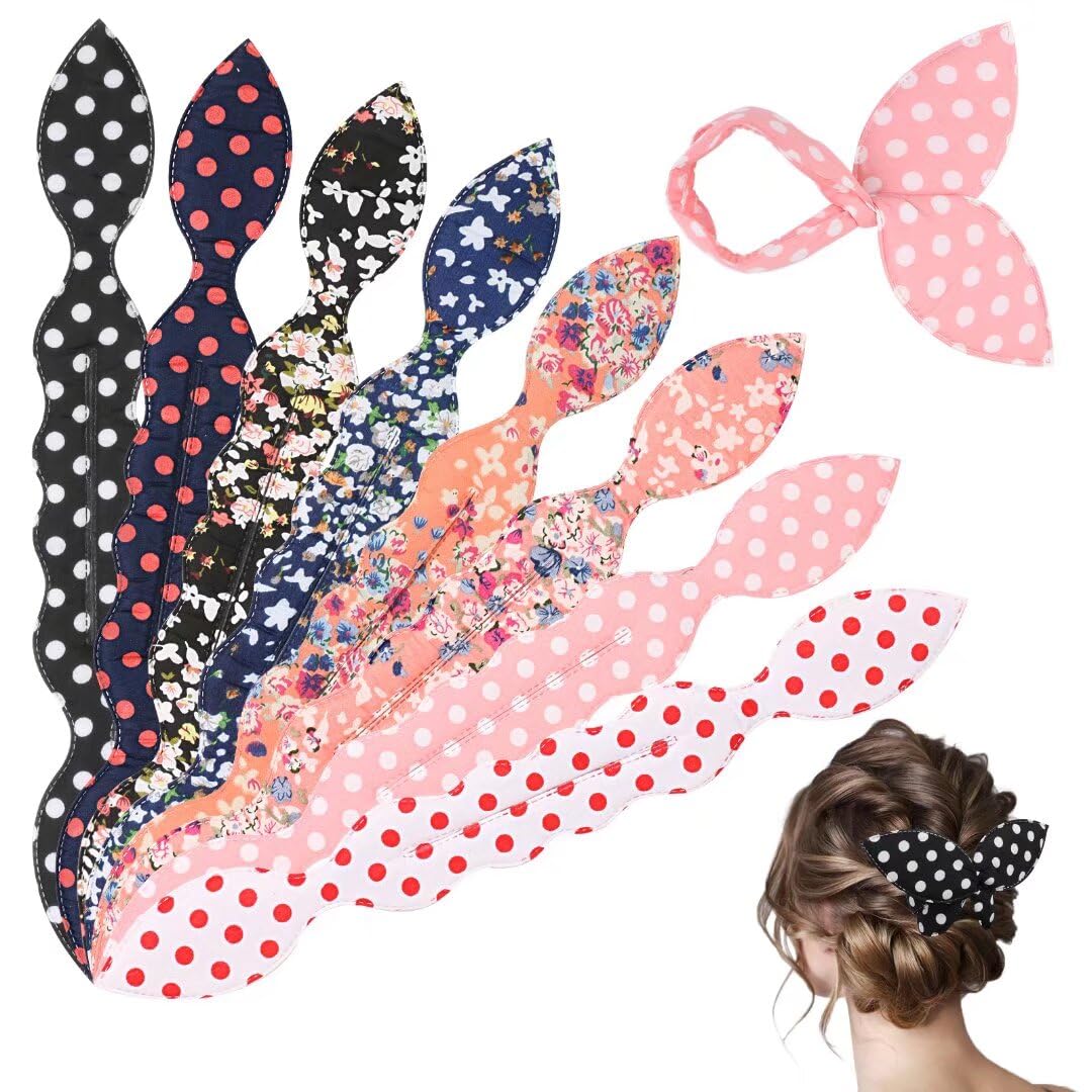 XieNie Hair Bun Makers 8PCS, French Twist Donut Maker Magic Fabric and Foam Sponge Hair Styling Tools for Women Girls, 4 Dotted+4 Floral, Accessories for Everyday Wear and Occasions