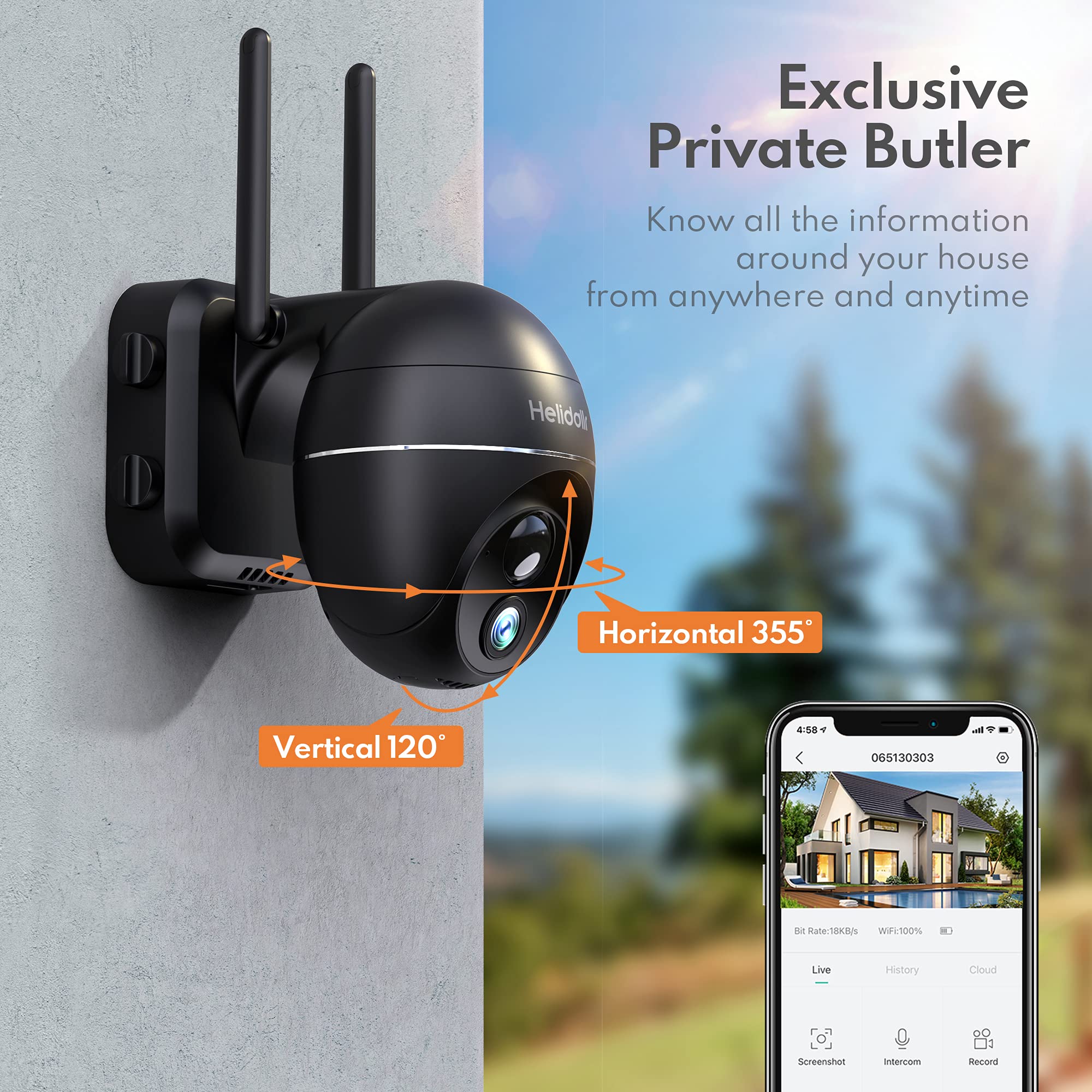 Helidallr Security Camera Outdoor, 355° PTZ Camera 1080P WiFi Wireless Indoor Cameras for Home Security 15000mAh Security Cameras with IP66 Waterproof, Night Vision, AI & PIR Detection, Two-Way Audio